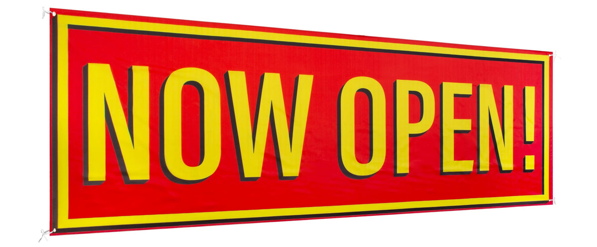 Bulk Case of 100 Signs - Now Open Banner, 3' x 8' Open Sign for Busine ...
